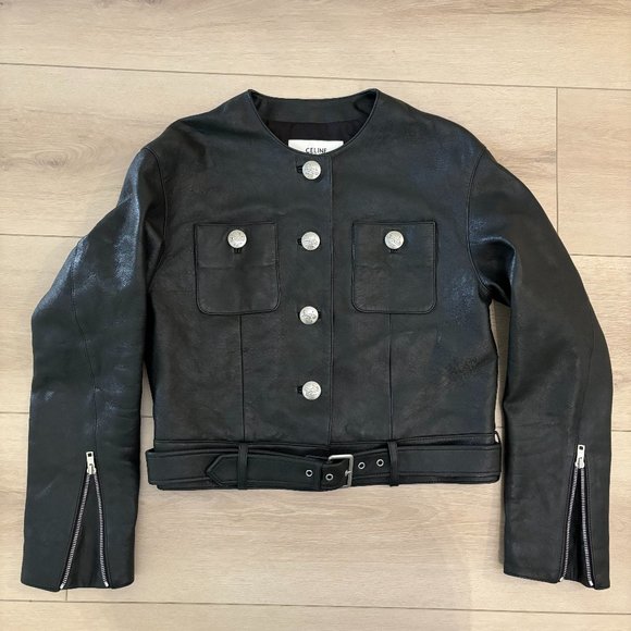 Celine | Jackets & Coats | Celine Belted Button Front Leather Jacket ...